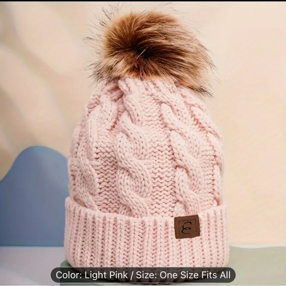 Accessories | Nwt Oversized Light Pink Cable Knit Beanie Hat With Pom ...